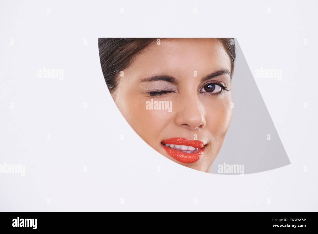 Portrait, woman and makeup or beauty in cutout in studio for cosmetics ...