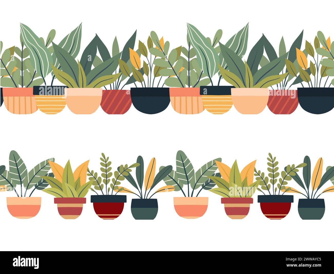 Set of vector seamless cozy borders with greenery in various pots ...