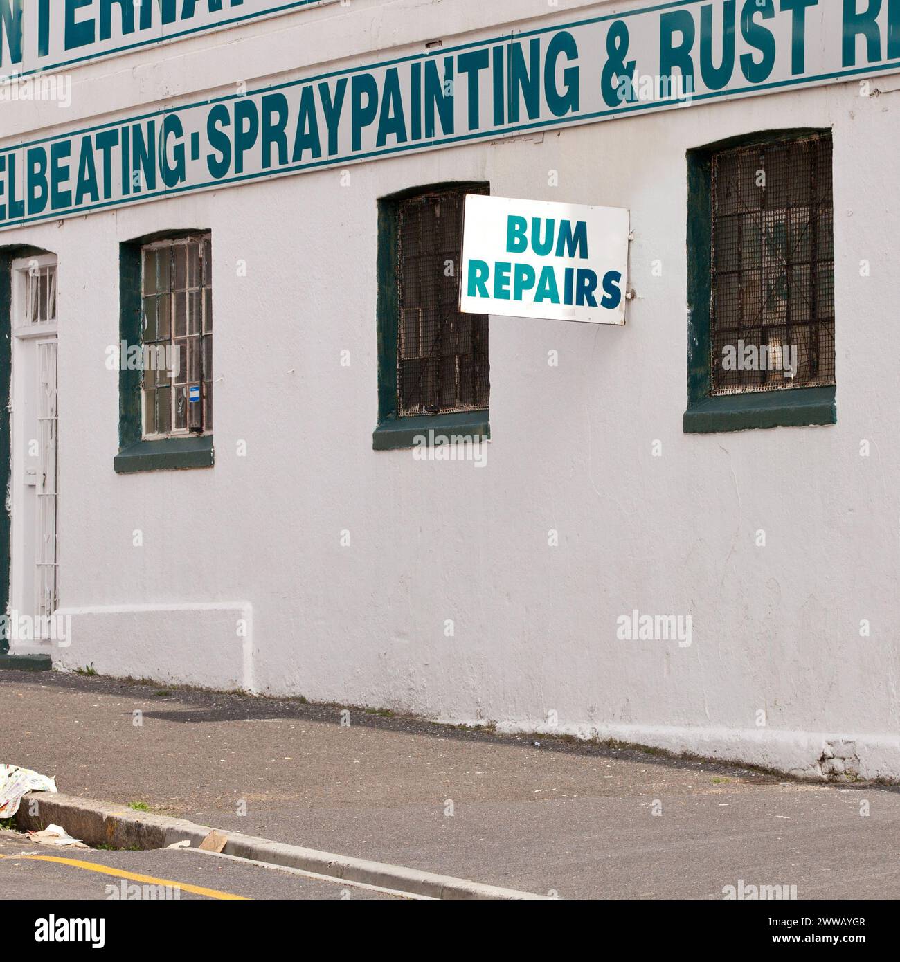 Comic, building and sign with funny information, notification and ...