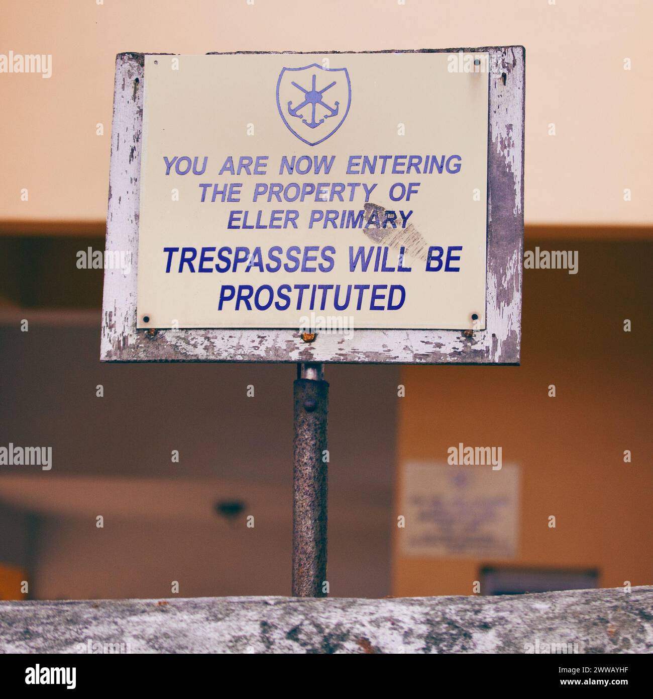 School sign, warning and signage in city for caution and notification ...