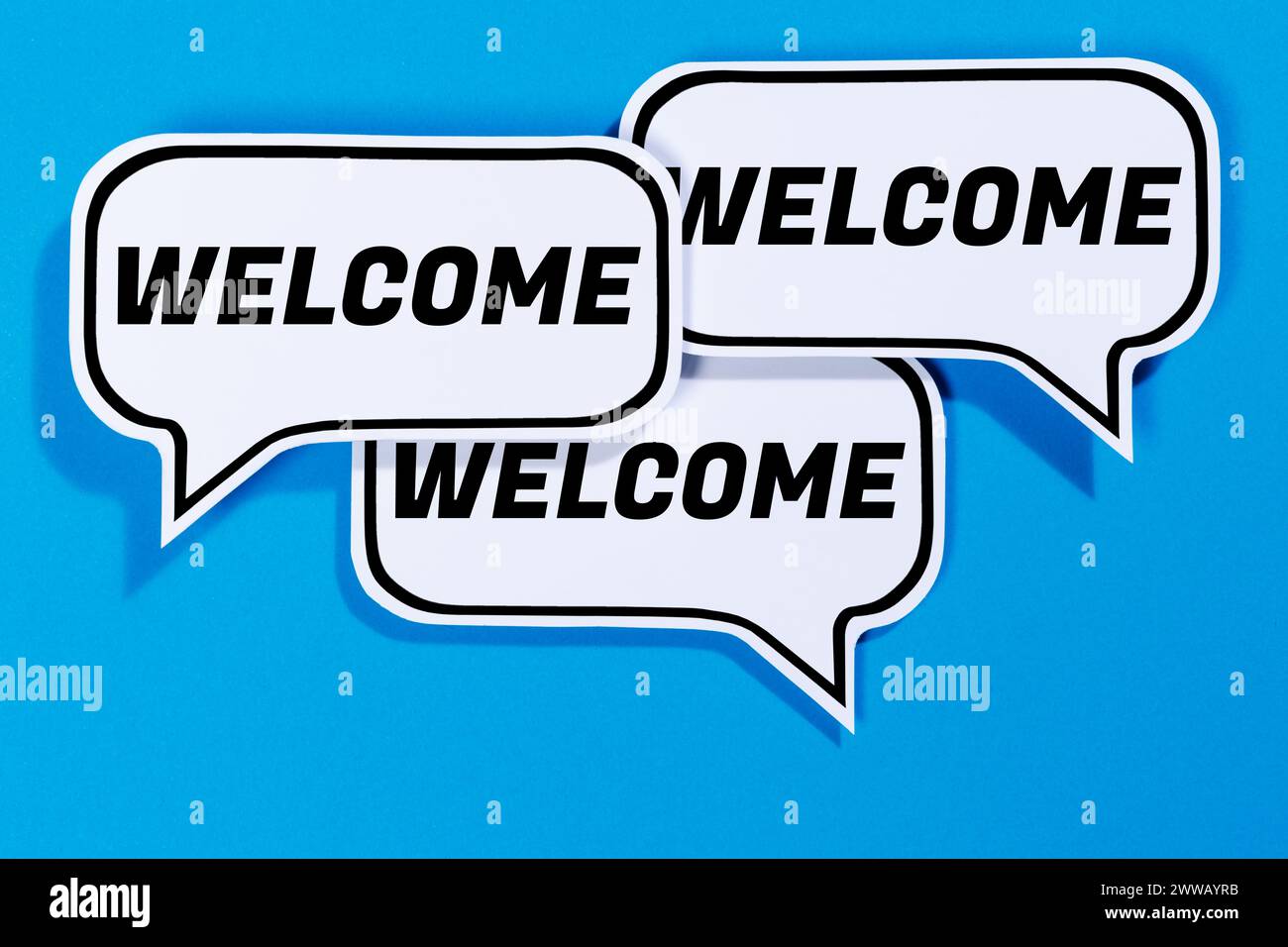 Welcome speech bubbles communication concept talking saying blue Stock ...