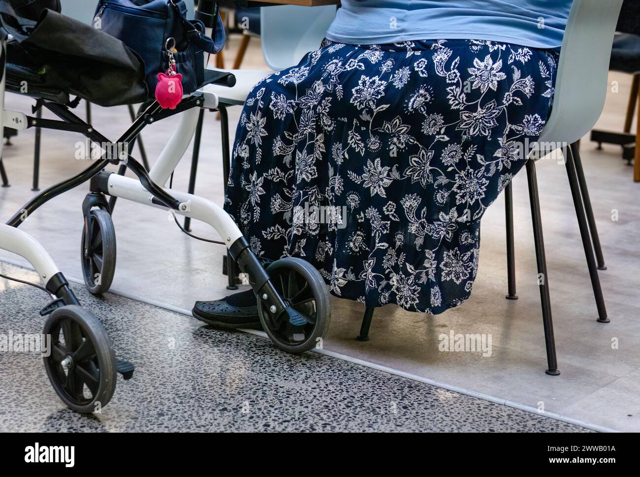 A senior woman sitting on a chair with a mobility walker by her side ...