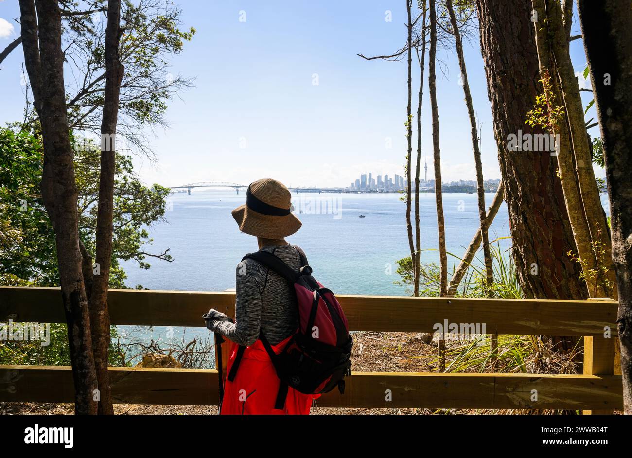 Woman enjoying the view of Auckland Harbour Bridge and Sky Tower from ...