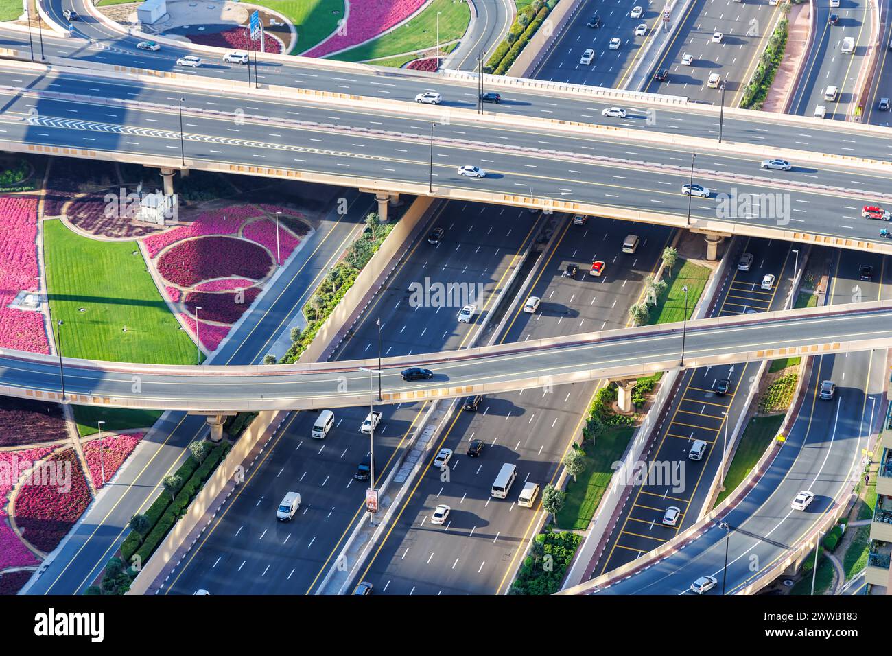Dubai crossroads of Sheikh Zayed Road highway interchange traffic near Burj Khalifa interchange ...
