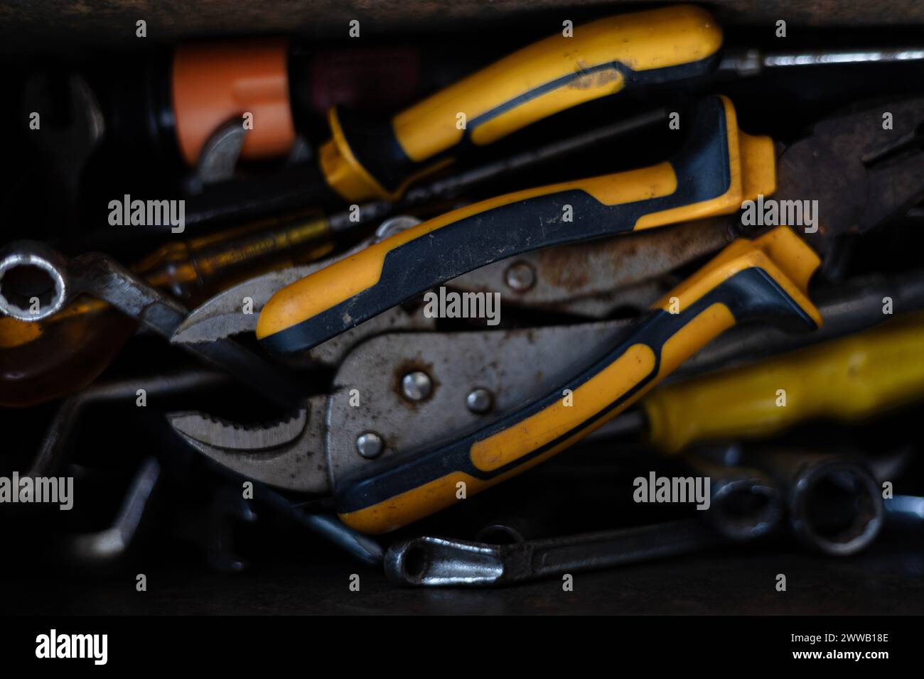 Box of Miscellaneous tools including screwdriver, pliers, spirit level ...