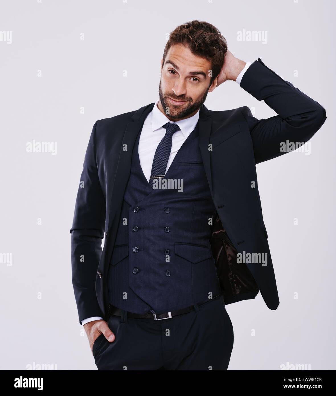 Man, portrait and fashion with smile in studio with confidence, elegant ...