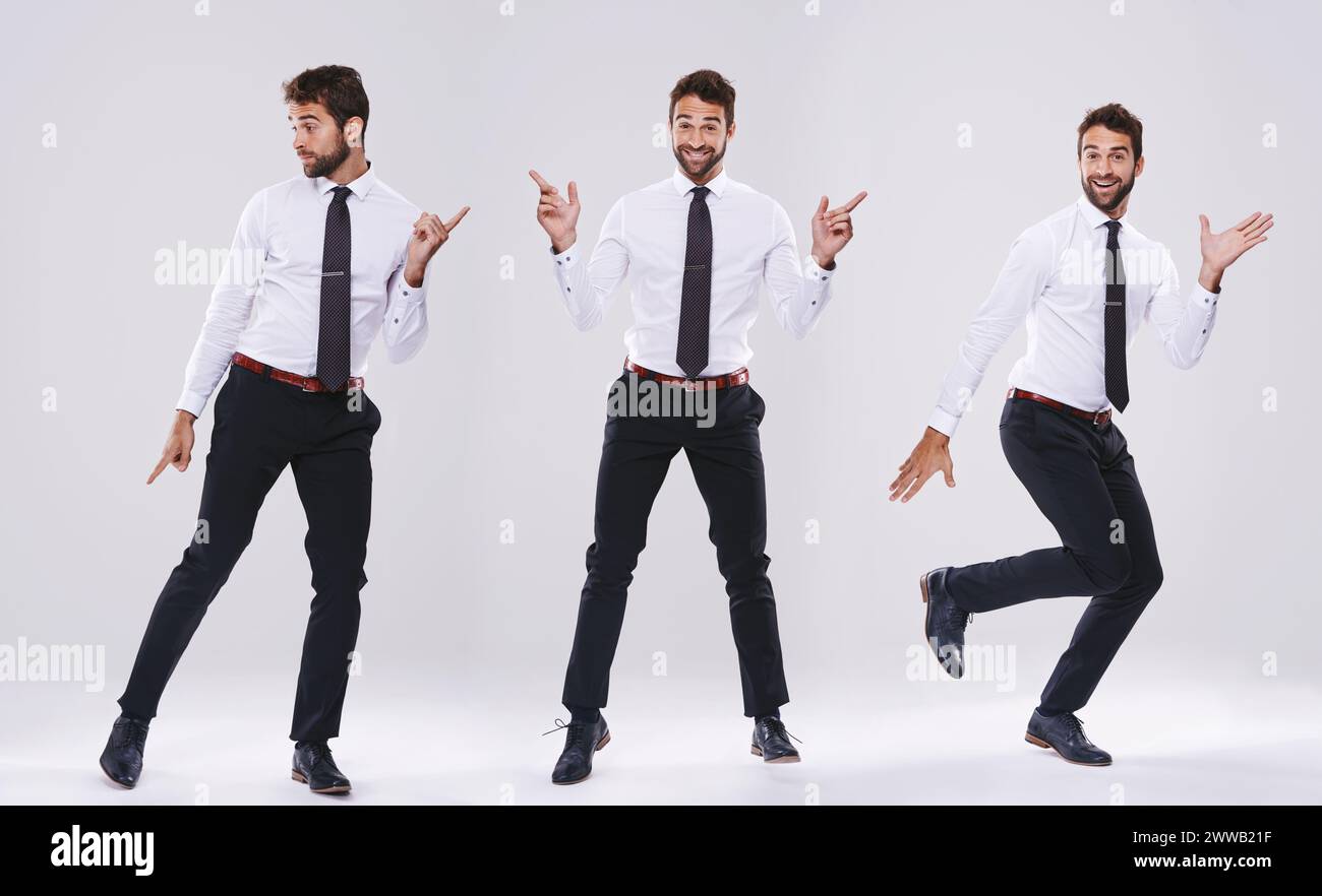 Movement, dancing and man with happiness in studio, smile and joy for ...