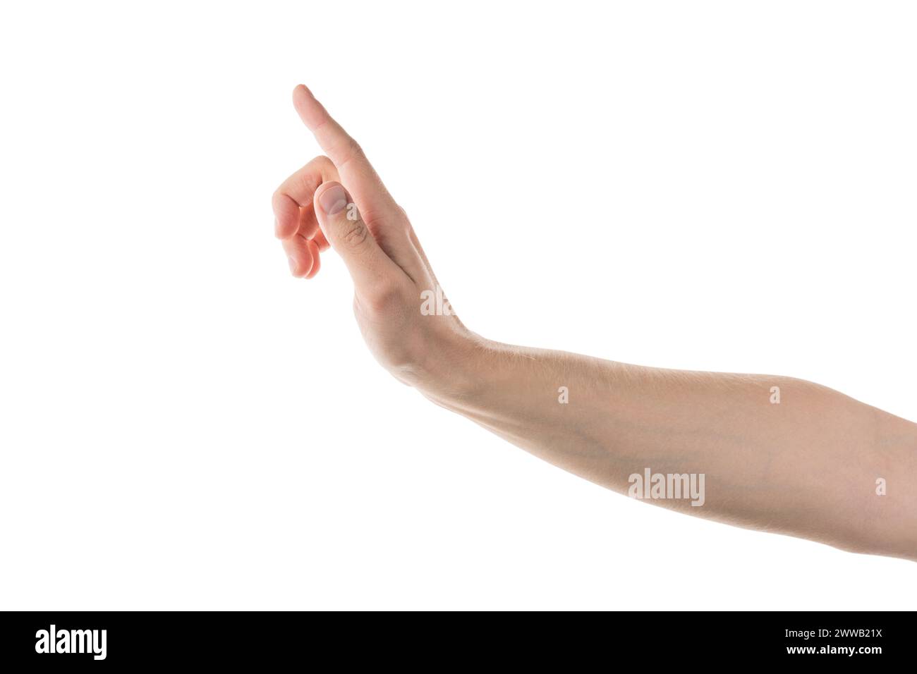 Adult man hand touch gesture isolated on white background, side view ...