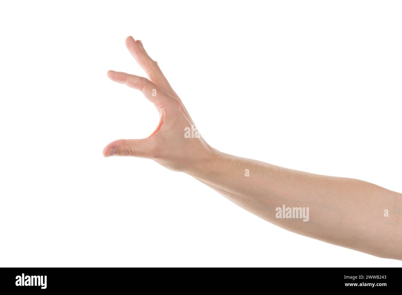 Adult man hand hold something isolated on white background, side view ...