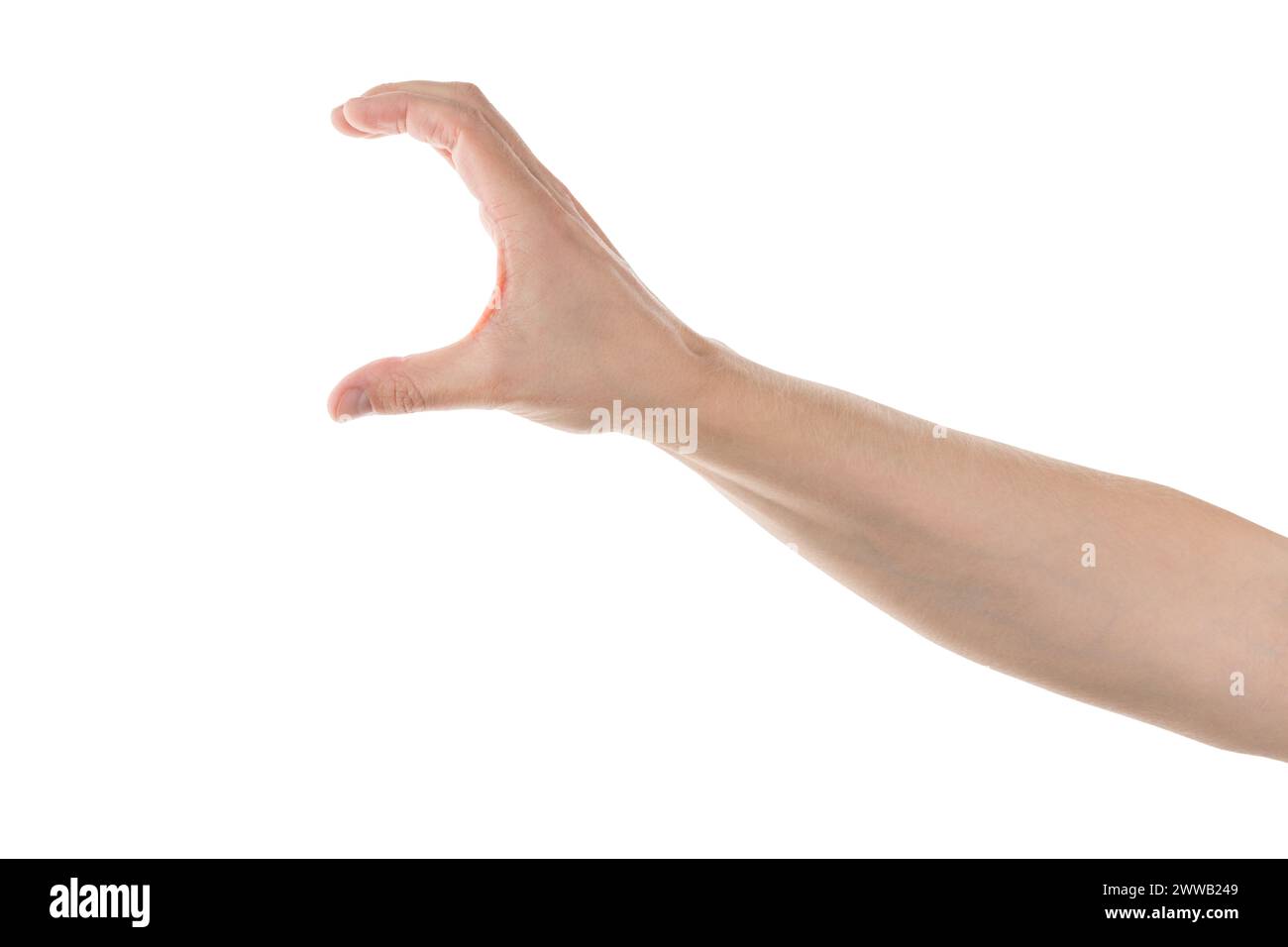 Adult man hand hold something isolated on white background, side view ...