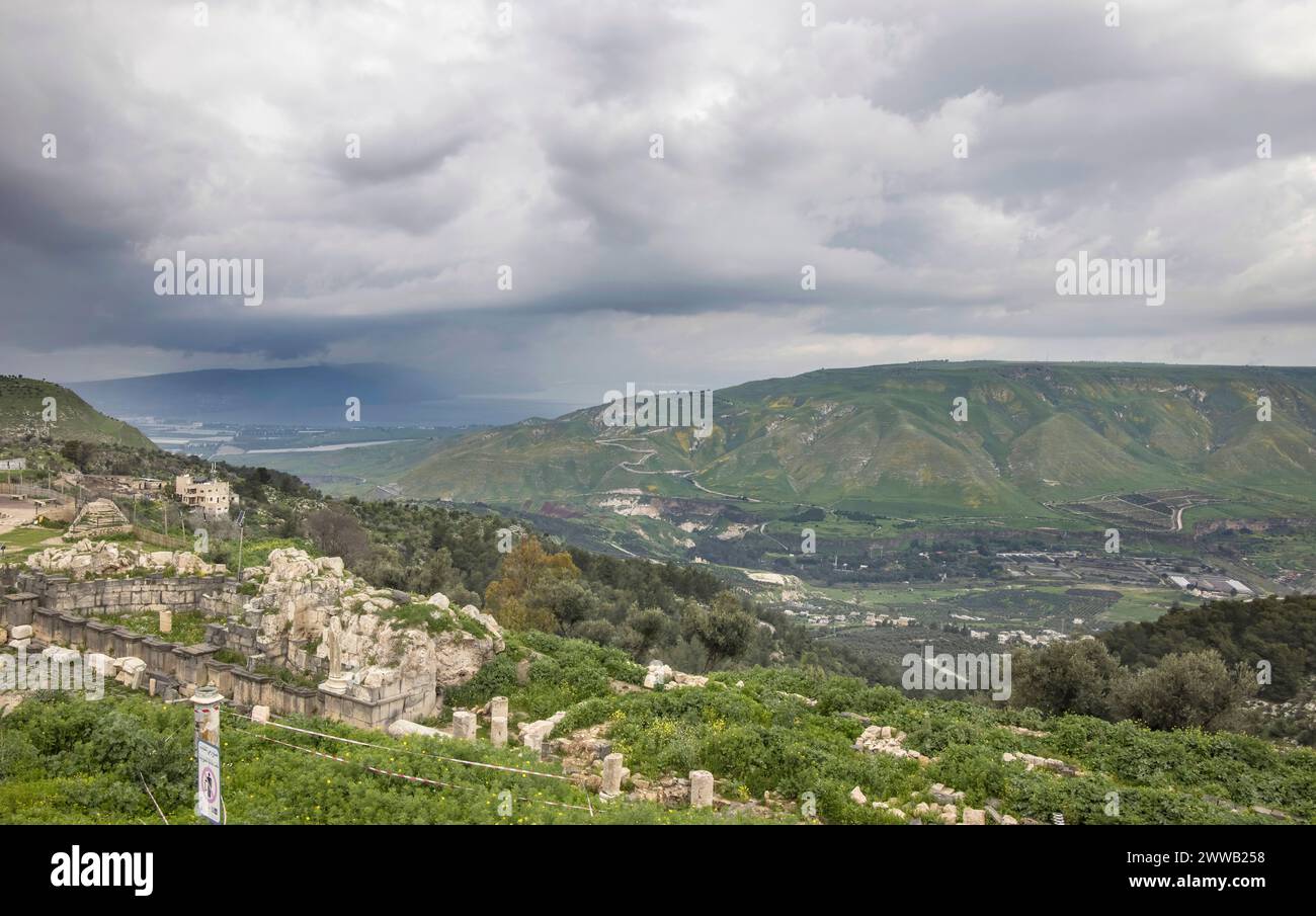 views of the golan heights in israel at the roman ruins at umm qais ...
