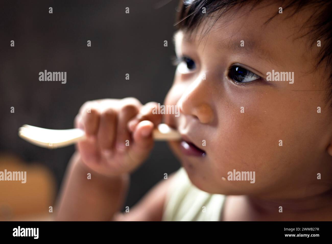 Little boy holds a fork in his mouth. Little boy holds fork in his ...