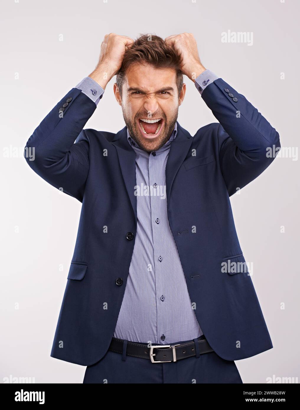 Really. Entrepreneur, man and stream or angry in studio white ...