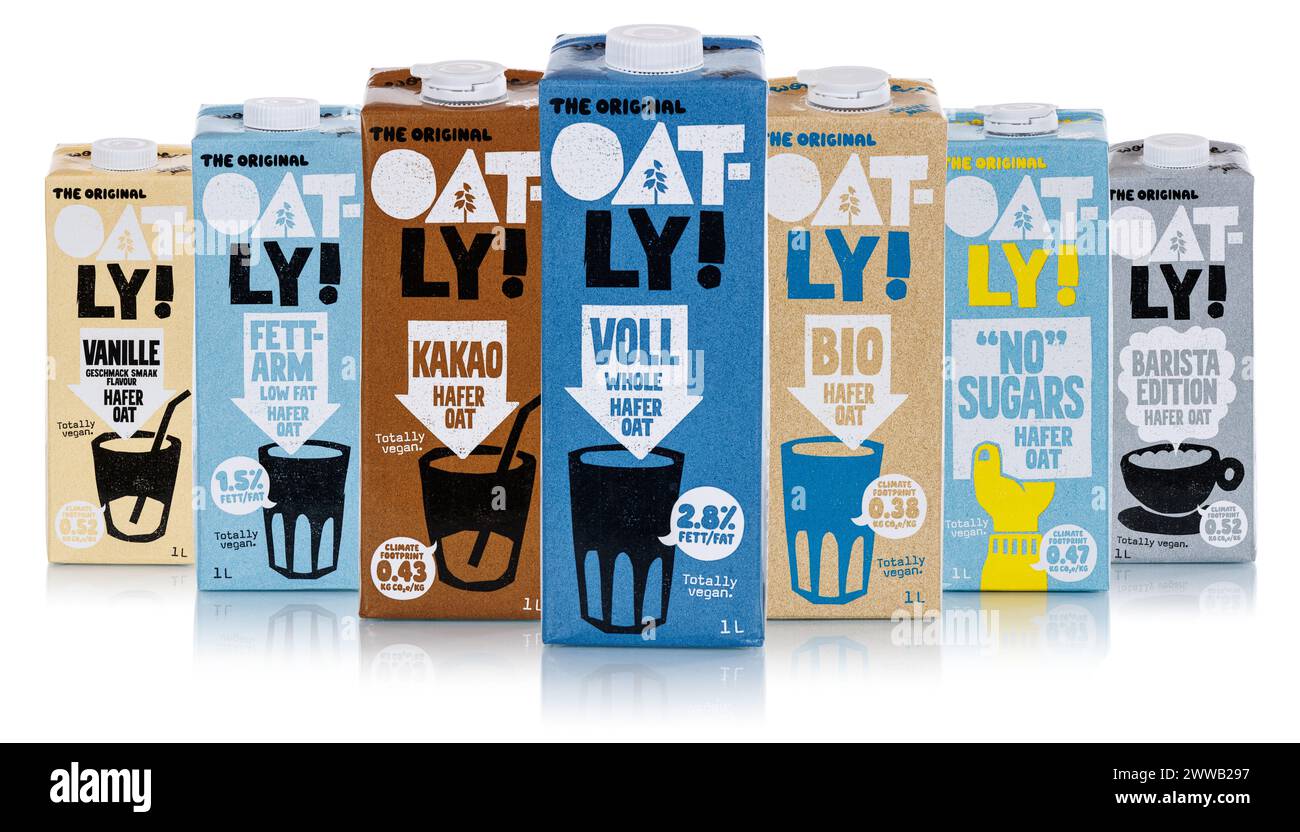 Stuttgart, Germany - March 2, 2024: Oatly vegan oat milk different ... Stuttgart, Germany - March 2, 2024: Oatly vegan oat milk different ...
