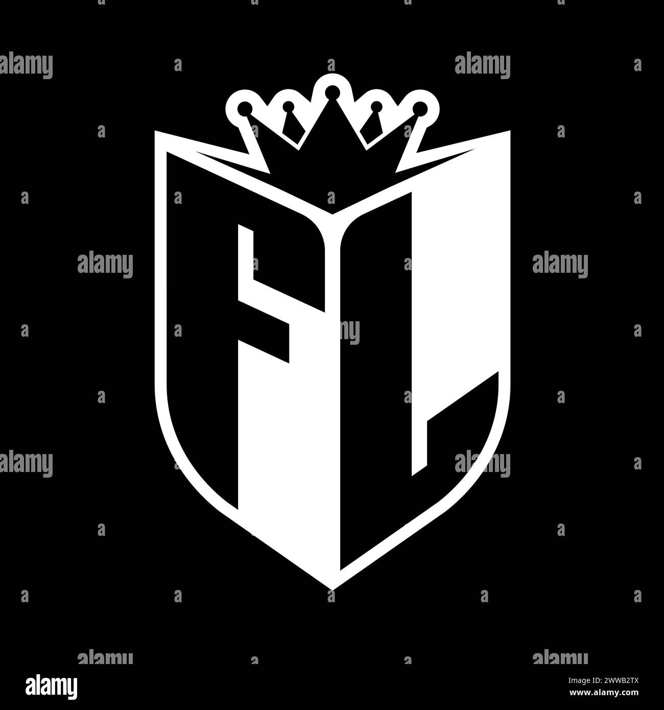 FL Letter bold monogram with shield shape and sharp crown inside shield ...