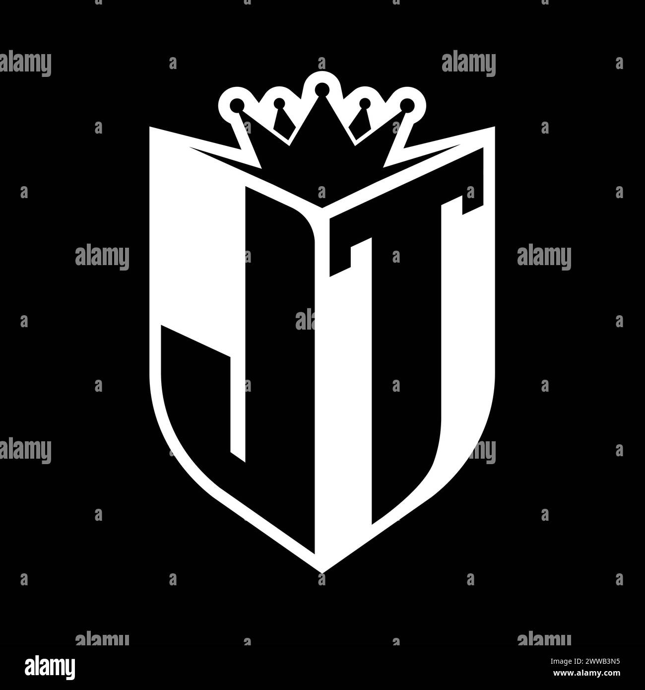 JT Letter bold monogram with shield shape and sharp crown inside shield black and white color ...