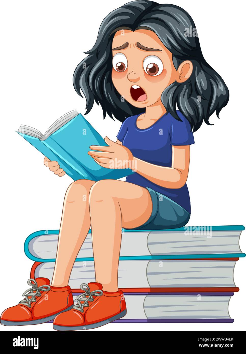 Cartoon girl reading a book with a surprised expression Stock Vector ...