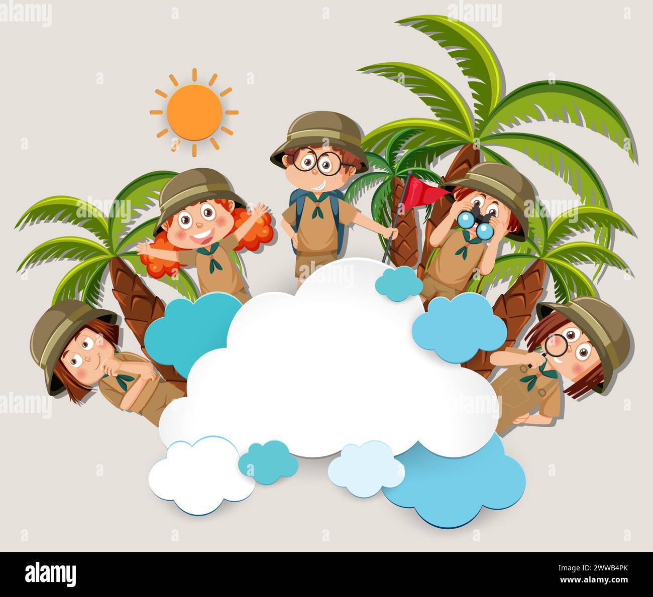Cartoon children exploring, with tropical background and clouds Stock ...
