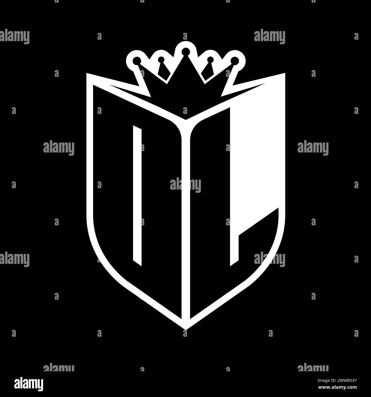 OL Letter bold monogram with shield shape and sharp crown inside shield black and white color ...