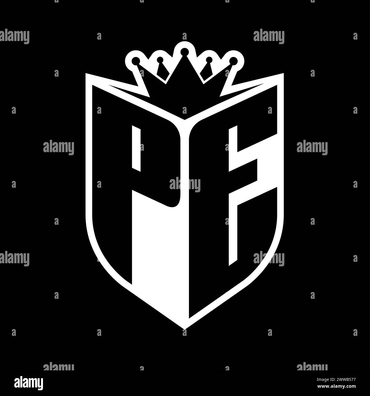 PE Letter bold monogram with shield shape and sharp crown inside shield ...