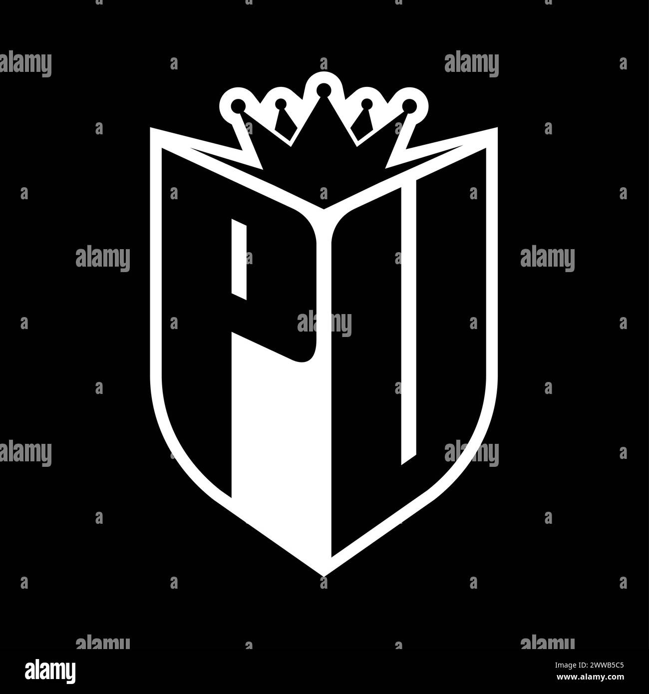 PU Letter bold monogram with shield shape and sharp crown inside shield ...