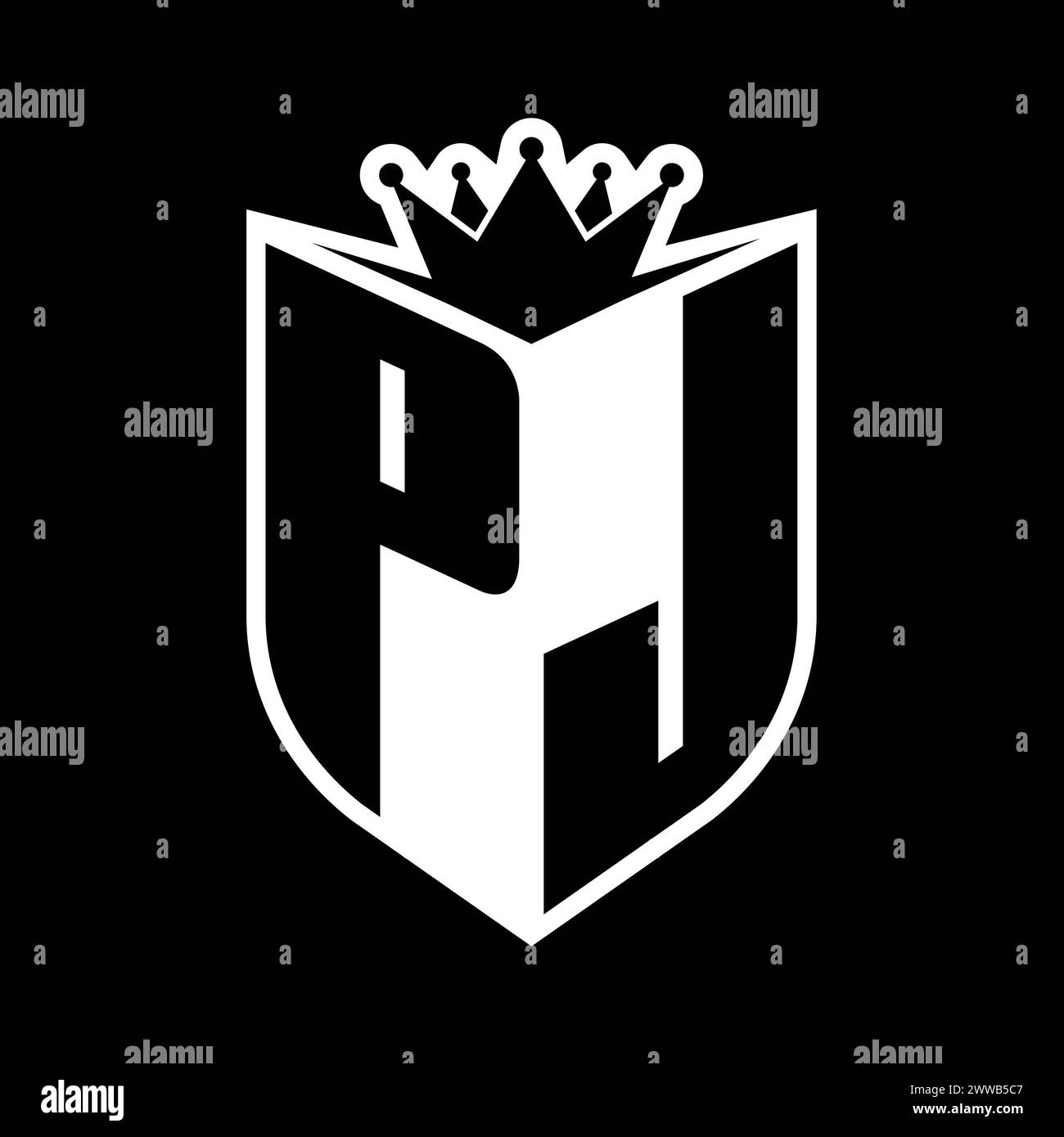 PJ Letter bold monogram with shield shape and sharp crown inside shield ...