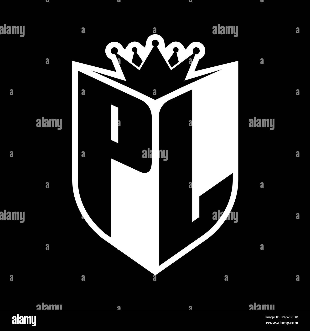 PL Letter bold monogram with shield shape and sharp crown inside shield ...