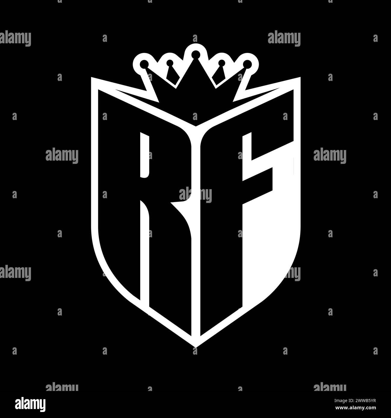 RF Letter bold monogram with shield shape and sharp crown inside shield ...