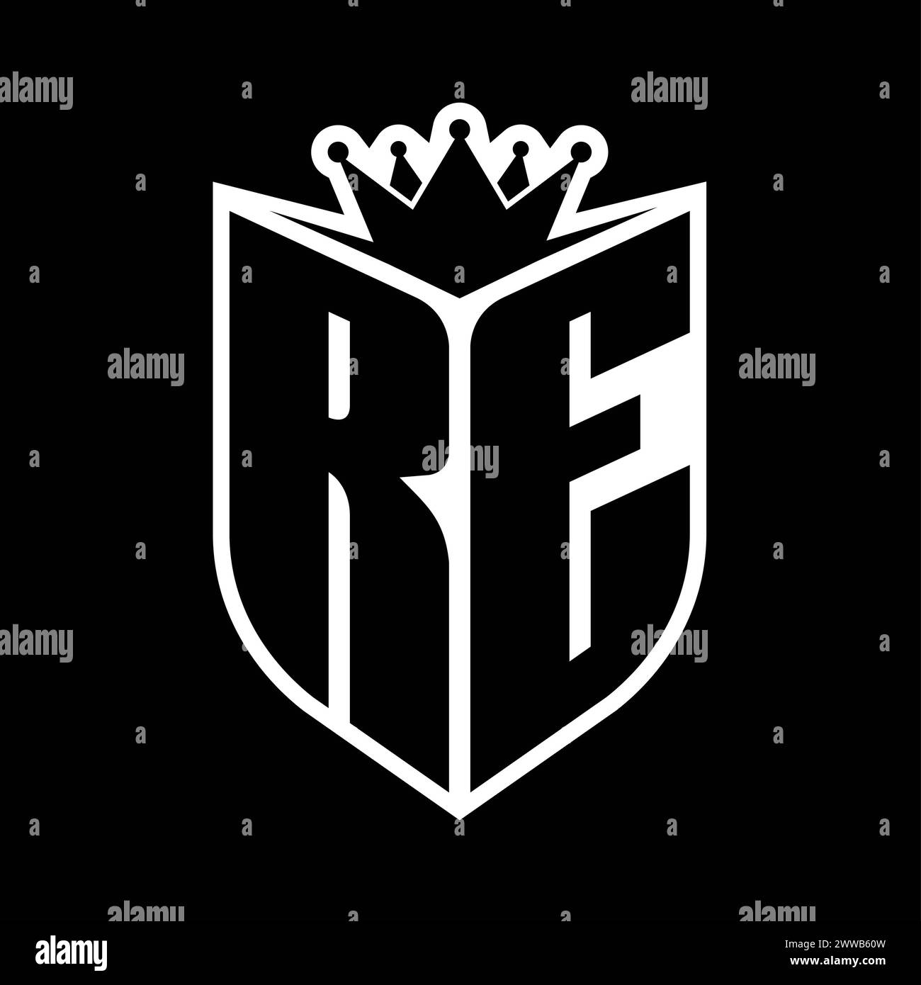 RE Letter bold monogram with shield shape and sharp crown inside shield ...