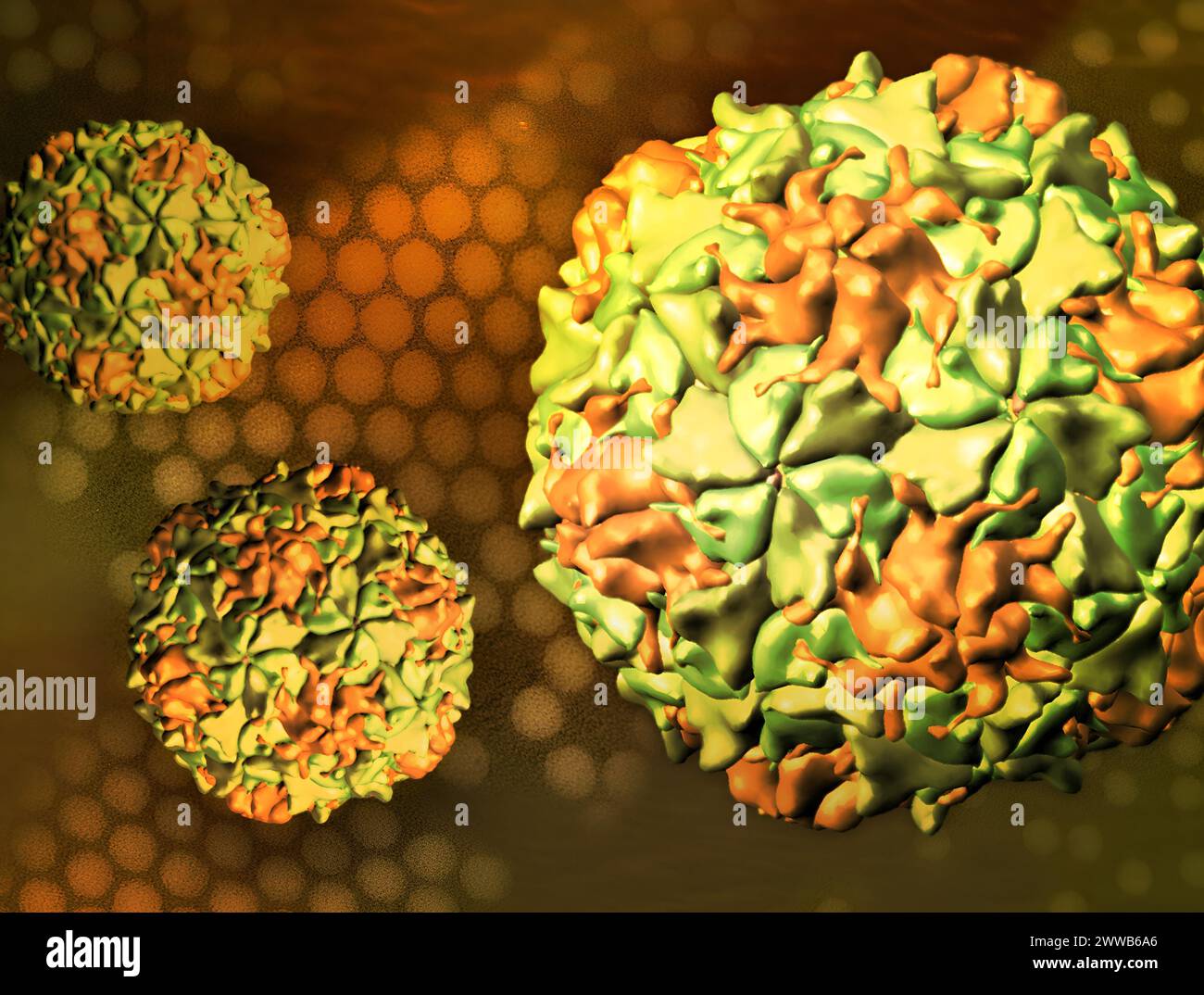 Creative artwork featuring 3D renderings of polio virus capsids over a ...