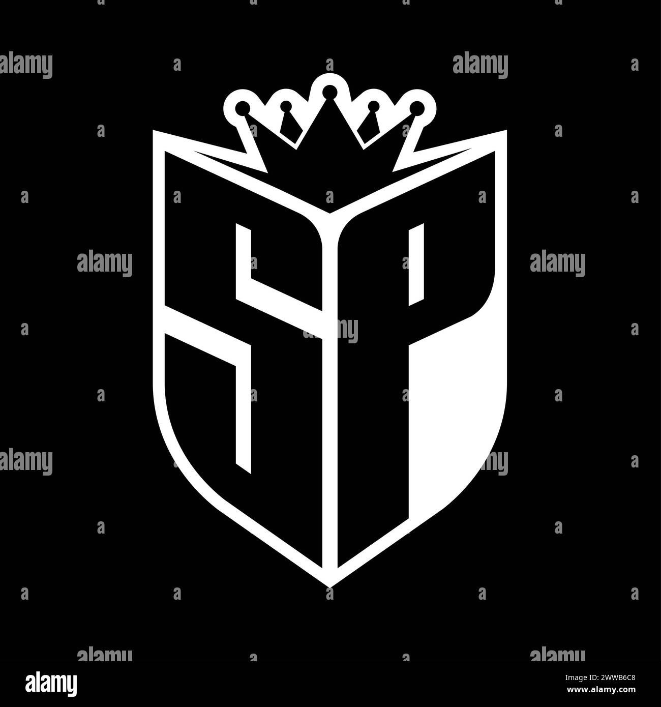 SP Letter bold monogram with shield shape and sharp crown inside shield ...