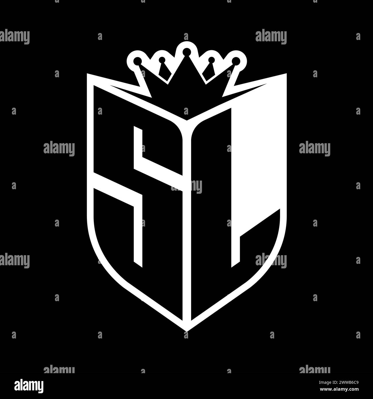 SL Letter bold monogram with shield shape and sharp crown inside shield ...