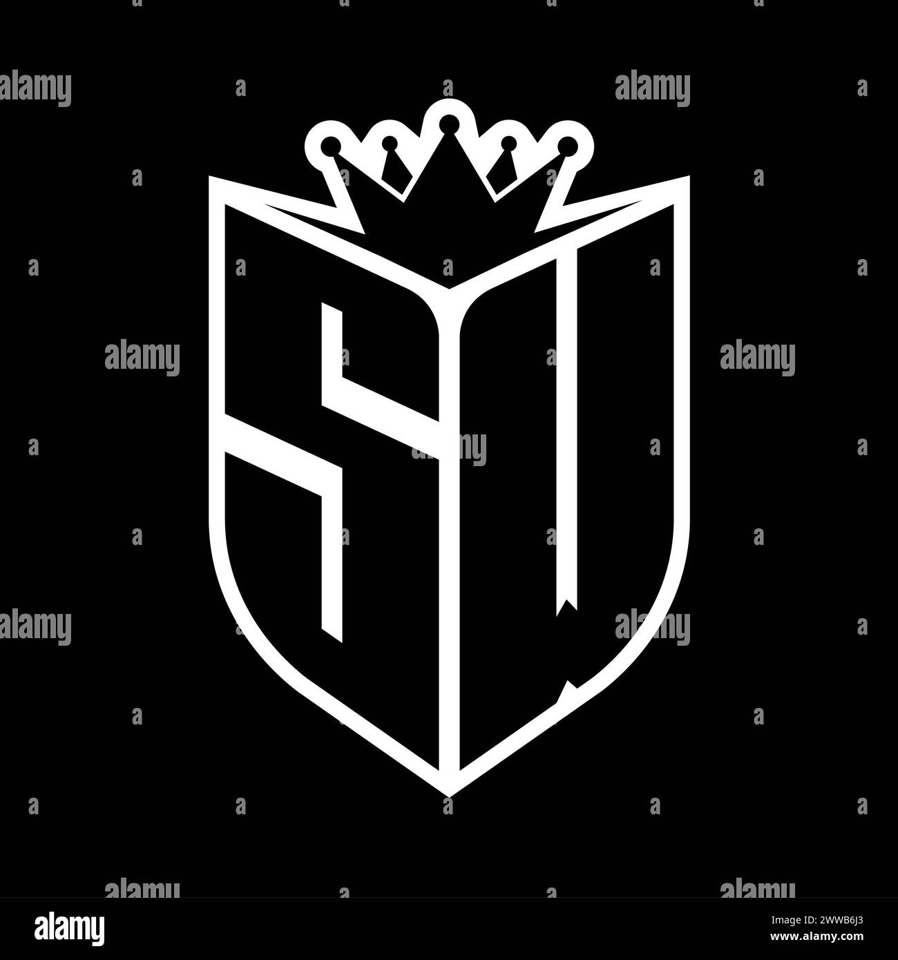 SW Letter bold monogram with shield shape and sharp crown inside shield ...