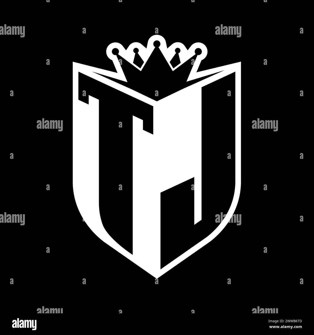 TJ Letter bold monogram with shield shape and sharp crown inside shield black and white color ...