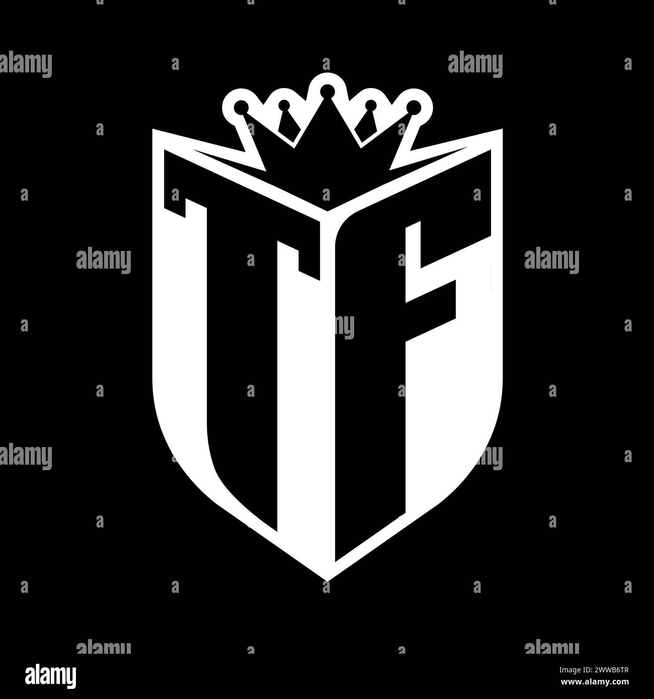 TF Letter bold monogram with shield shape and sharp crown inside shield black and white color ...