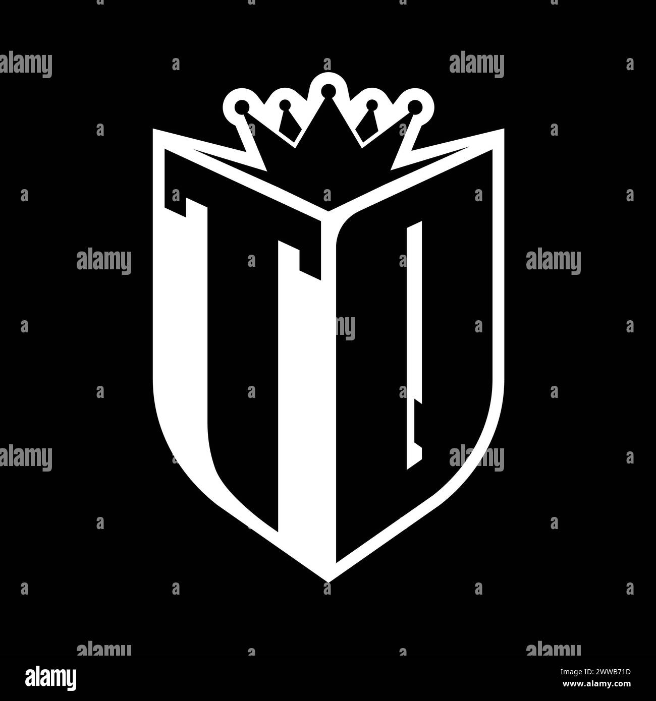 TQ Letter bold monogram with shield shape and sharp crown inside shield black and white color ...