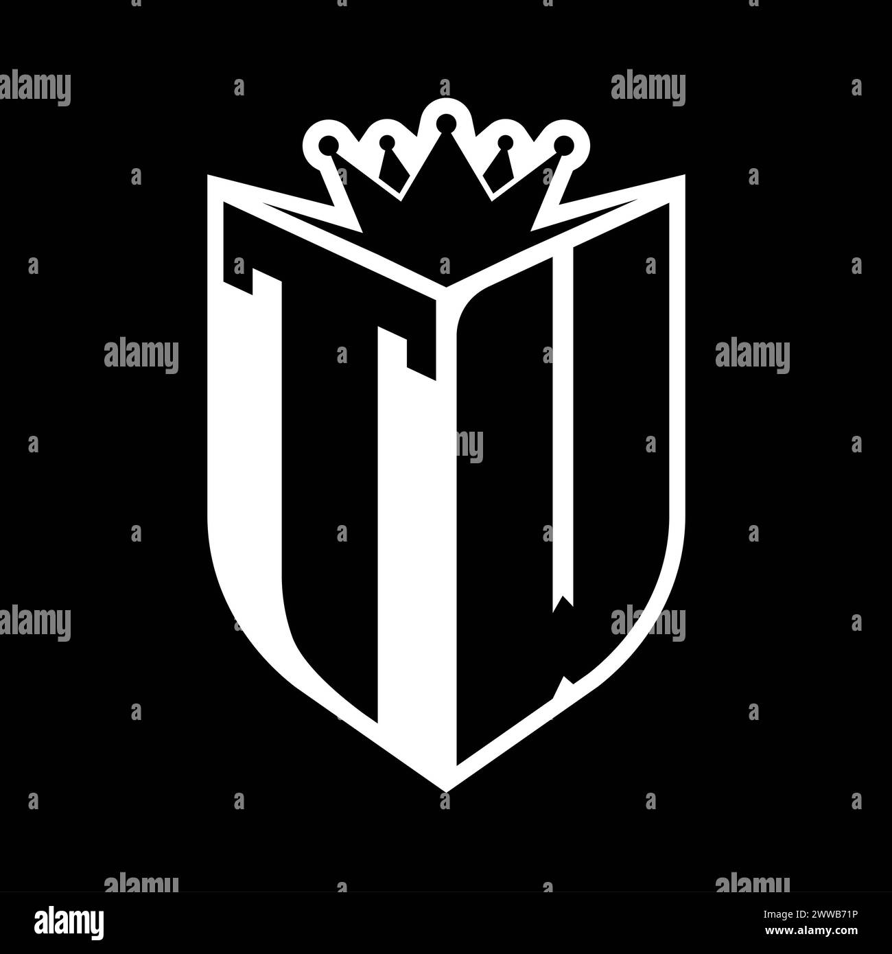 TW Letter bold monogram with shield shape and sharp crown inside shield black and white color ...