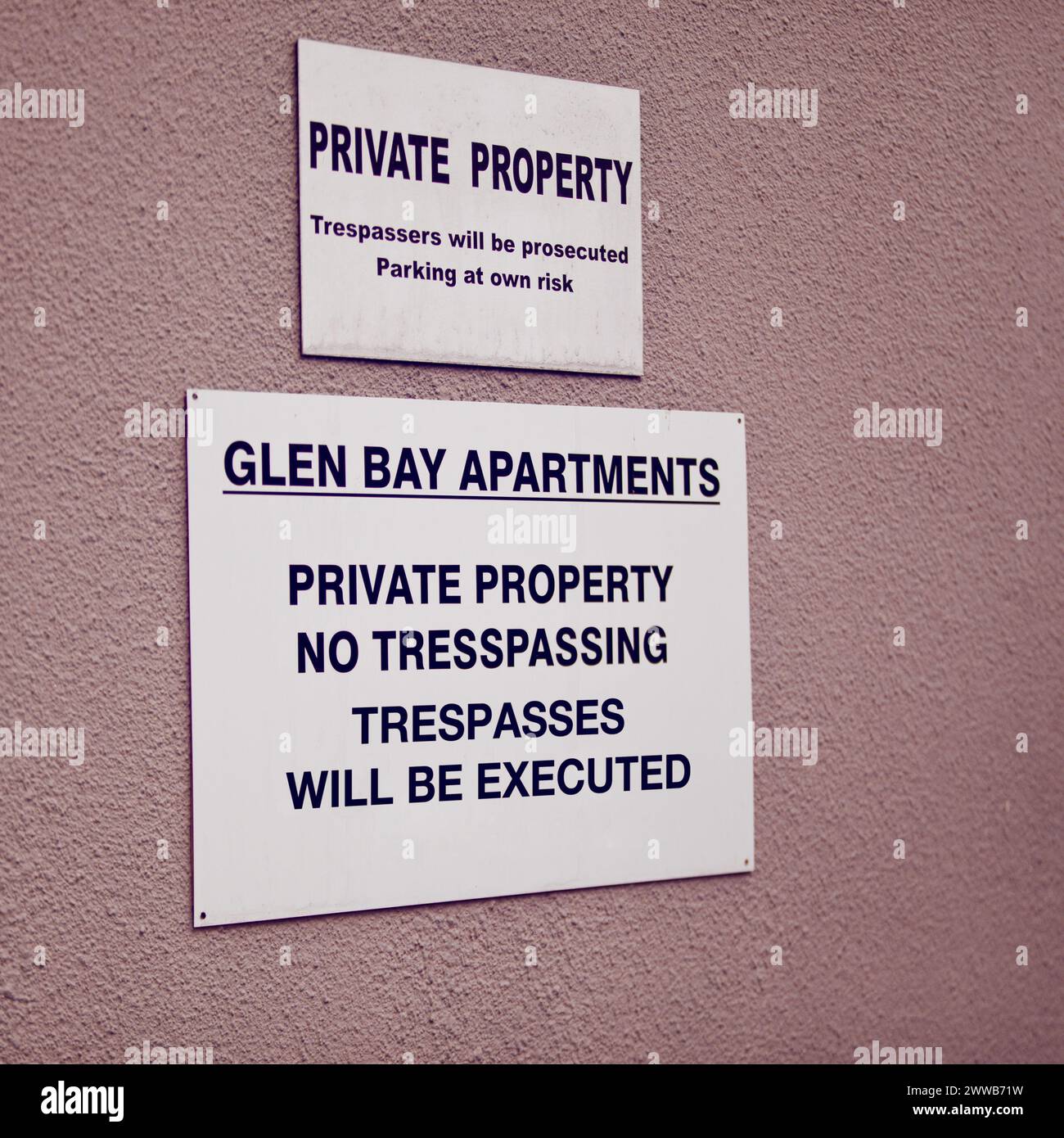 Trespassing, warning and sign on apartment of property for caution ...