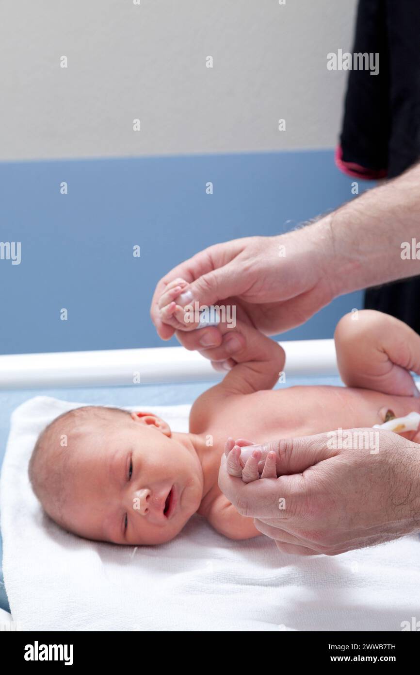 The grasping reflex, which is part of the archaic reflexes, is checked ...