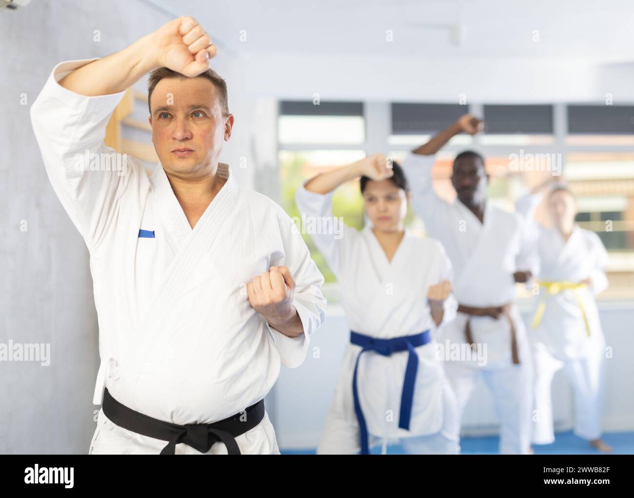 Group of multinational people in kimonos try new fighting techniques at ...
