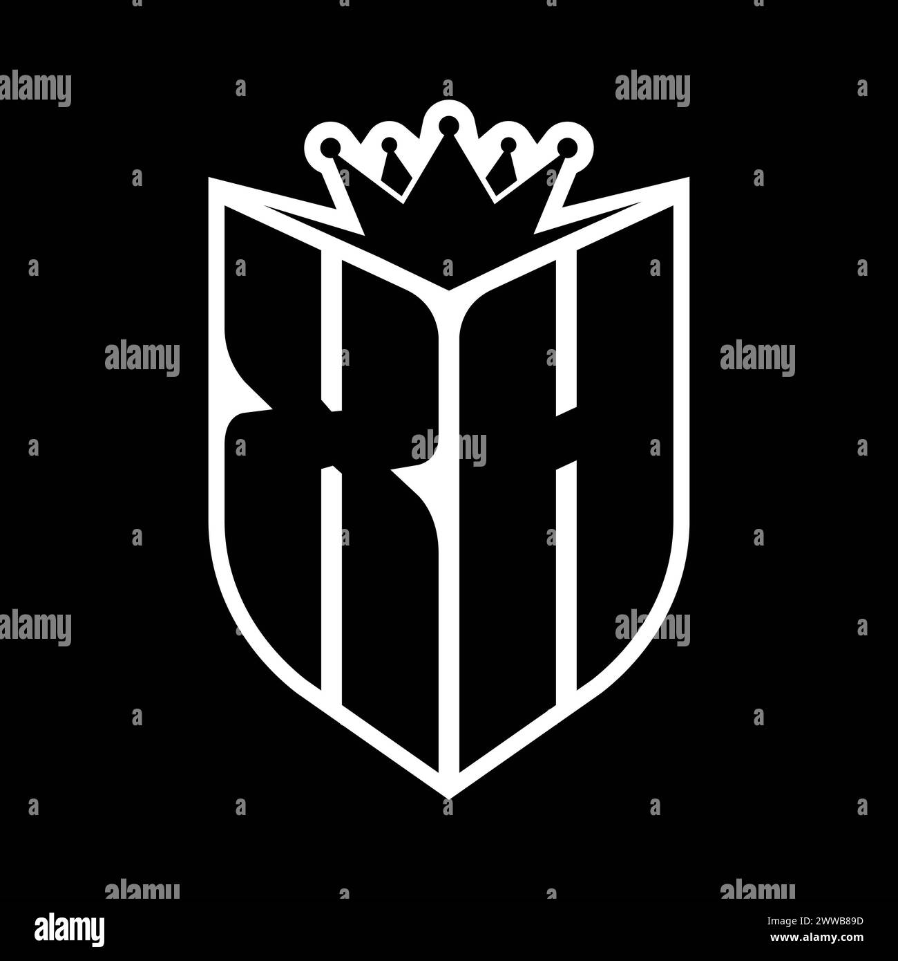 XH Letter bold monogram with shield shape and sharp crown inside shield black and white color ...