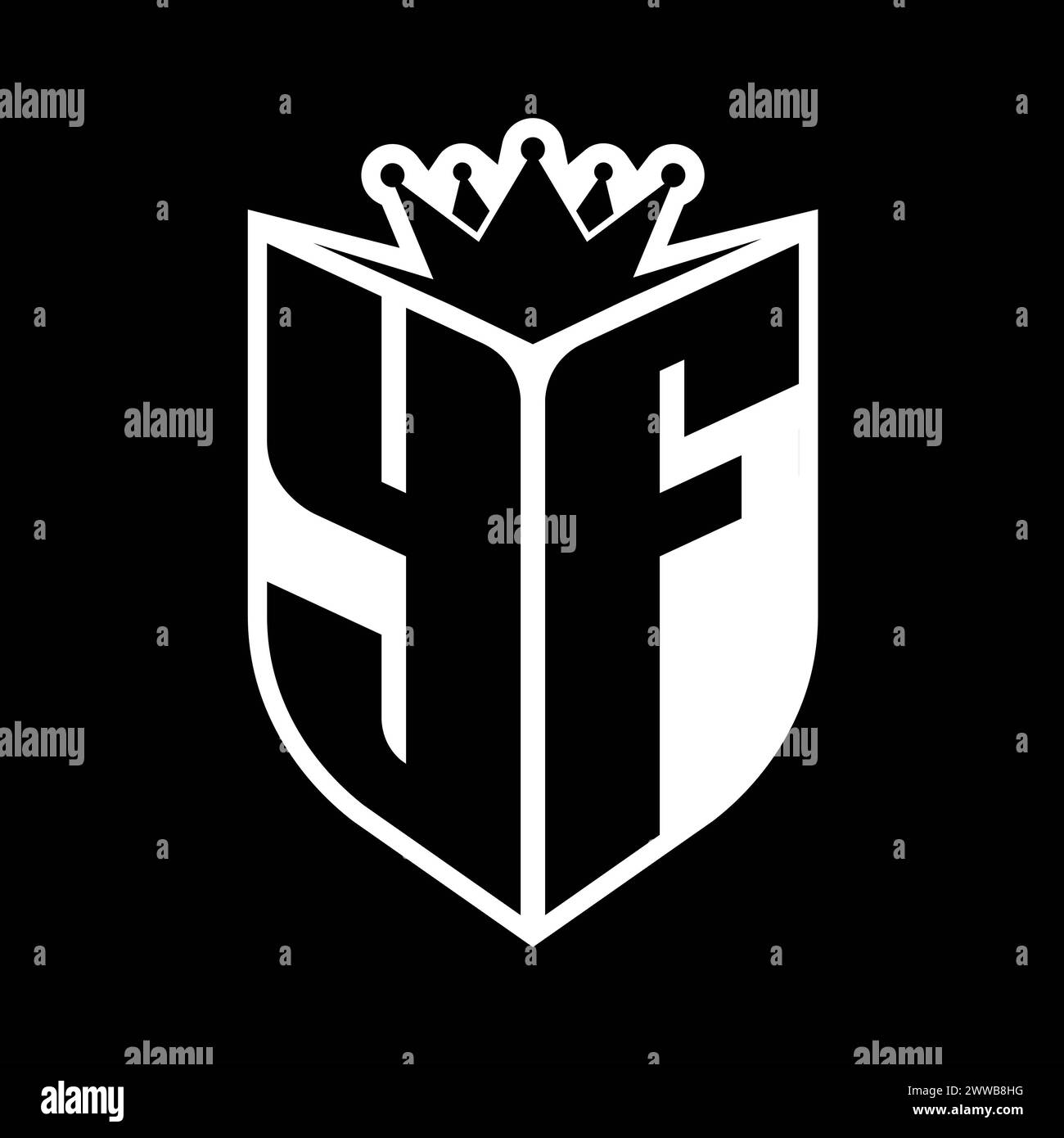 YF Letter bold monogram with shield shape and sharp crown inside shield black and white color ...