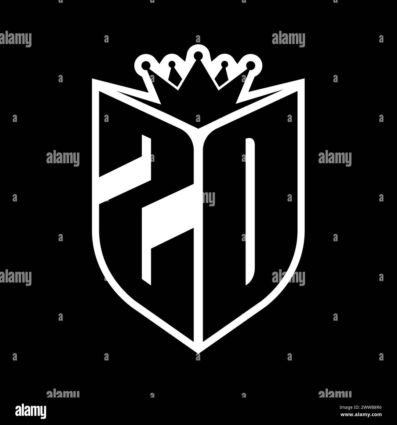 ZD Letter bold monogram with shield shape and sharp crown inside shield black and white color ...