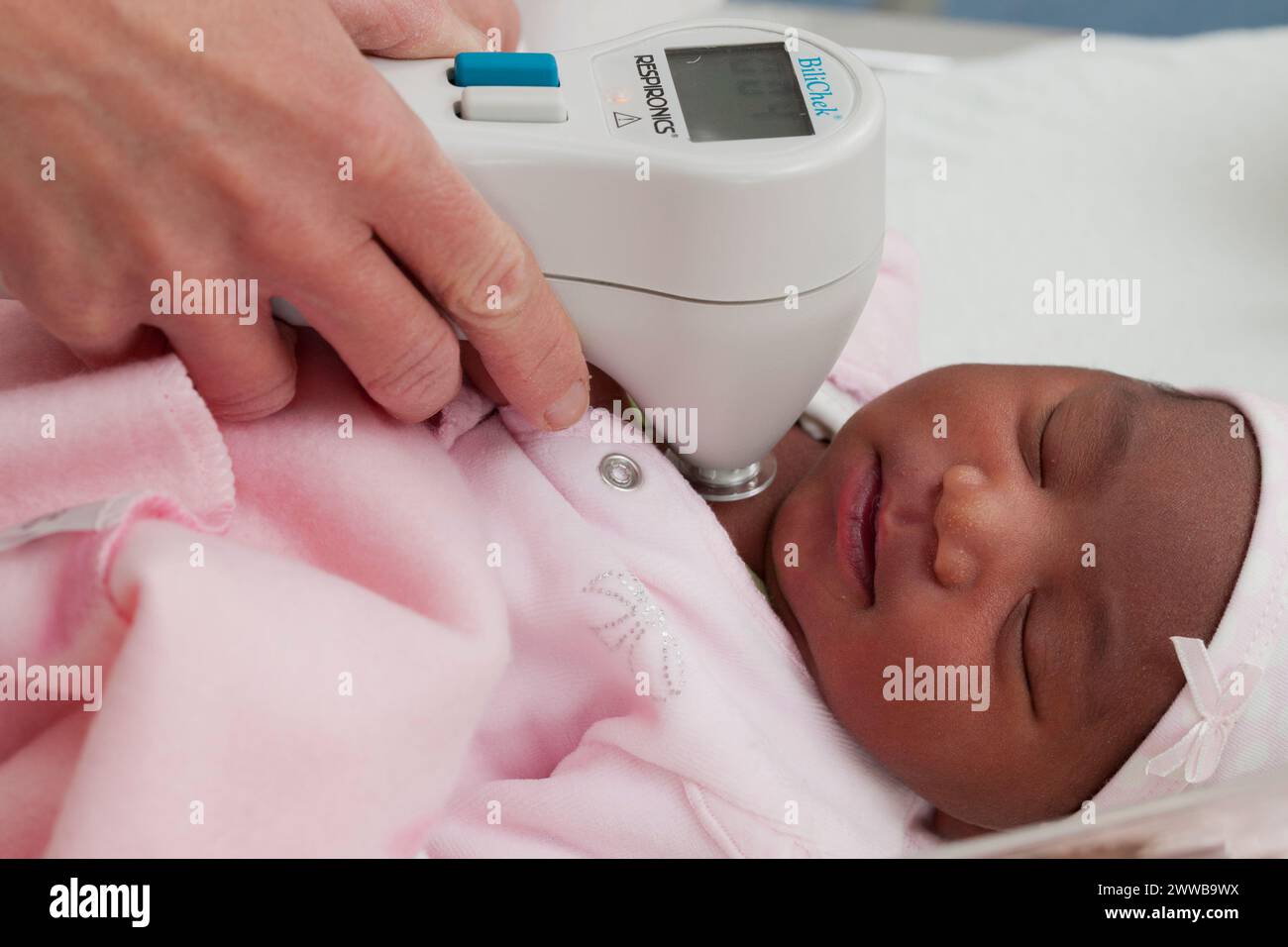 Midwife measuring the bilirubin level in a newborn using a ...