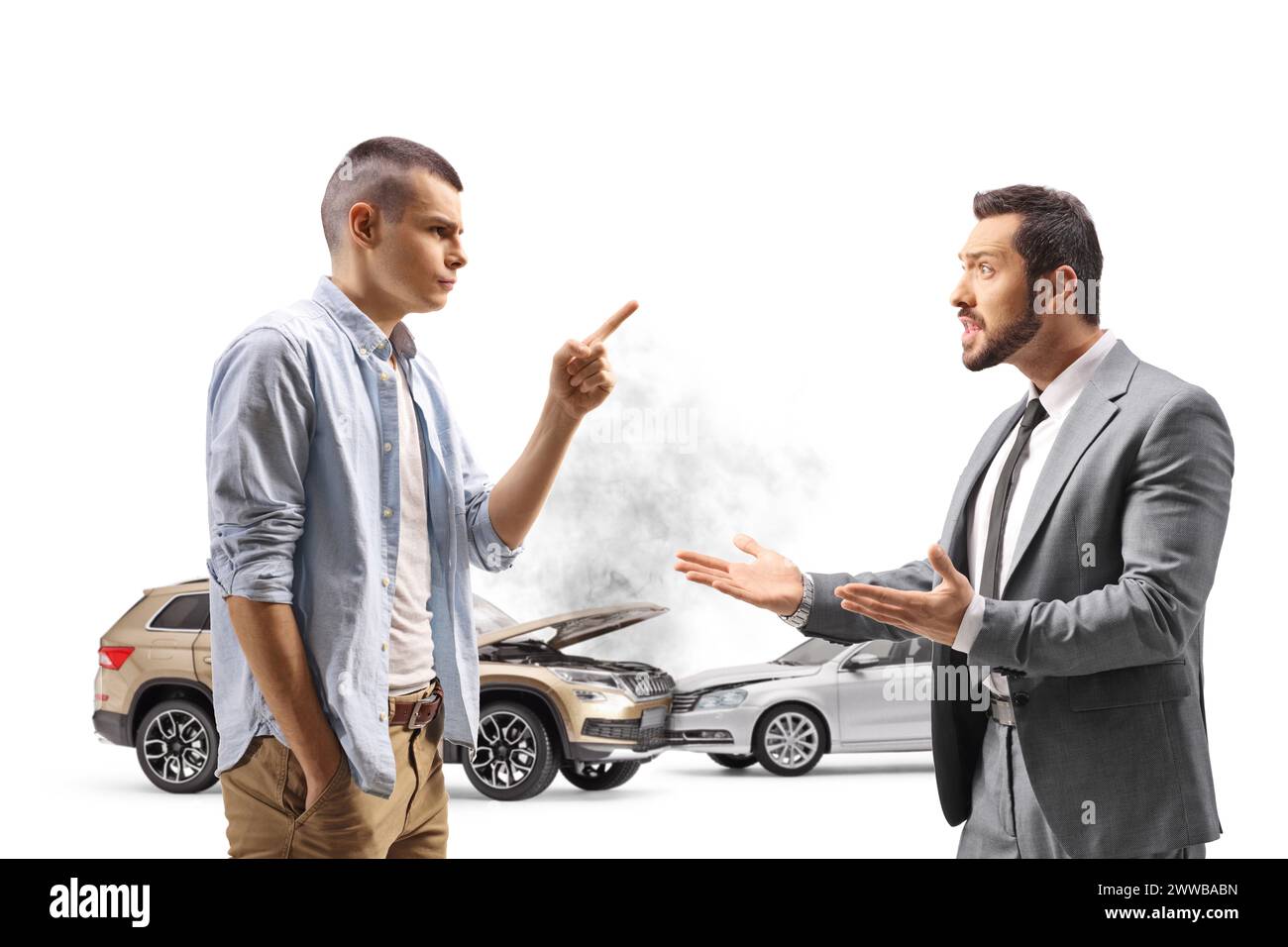 Men arguing after car collision isolated on white background Stock ...