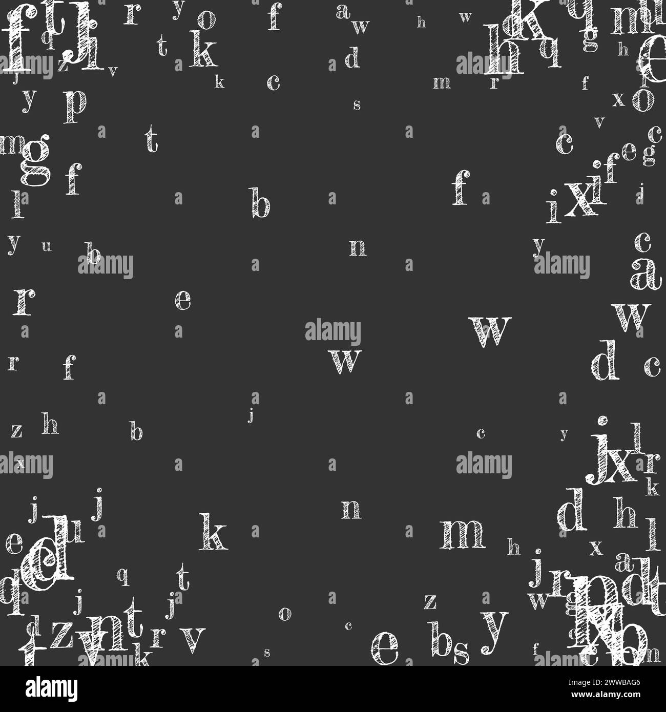 Scattered letters of latin alphabet. White chalk floating characters of ...