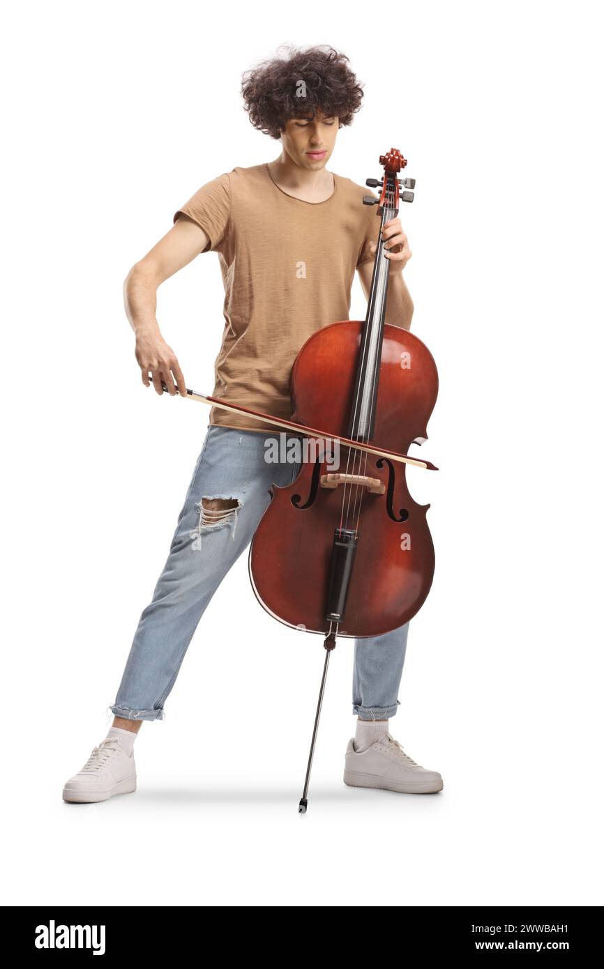 Cool young man playing a cello isolated on white background Stock Photo ...