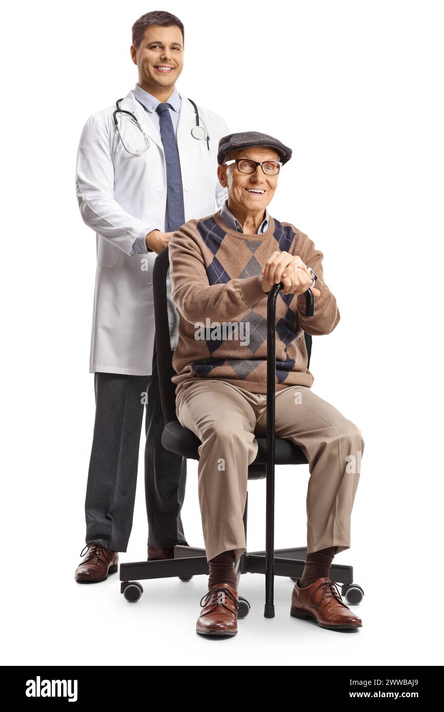 Doctor standing behind an elderly male patient seated in a chair ...
