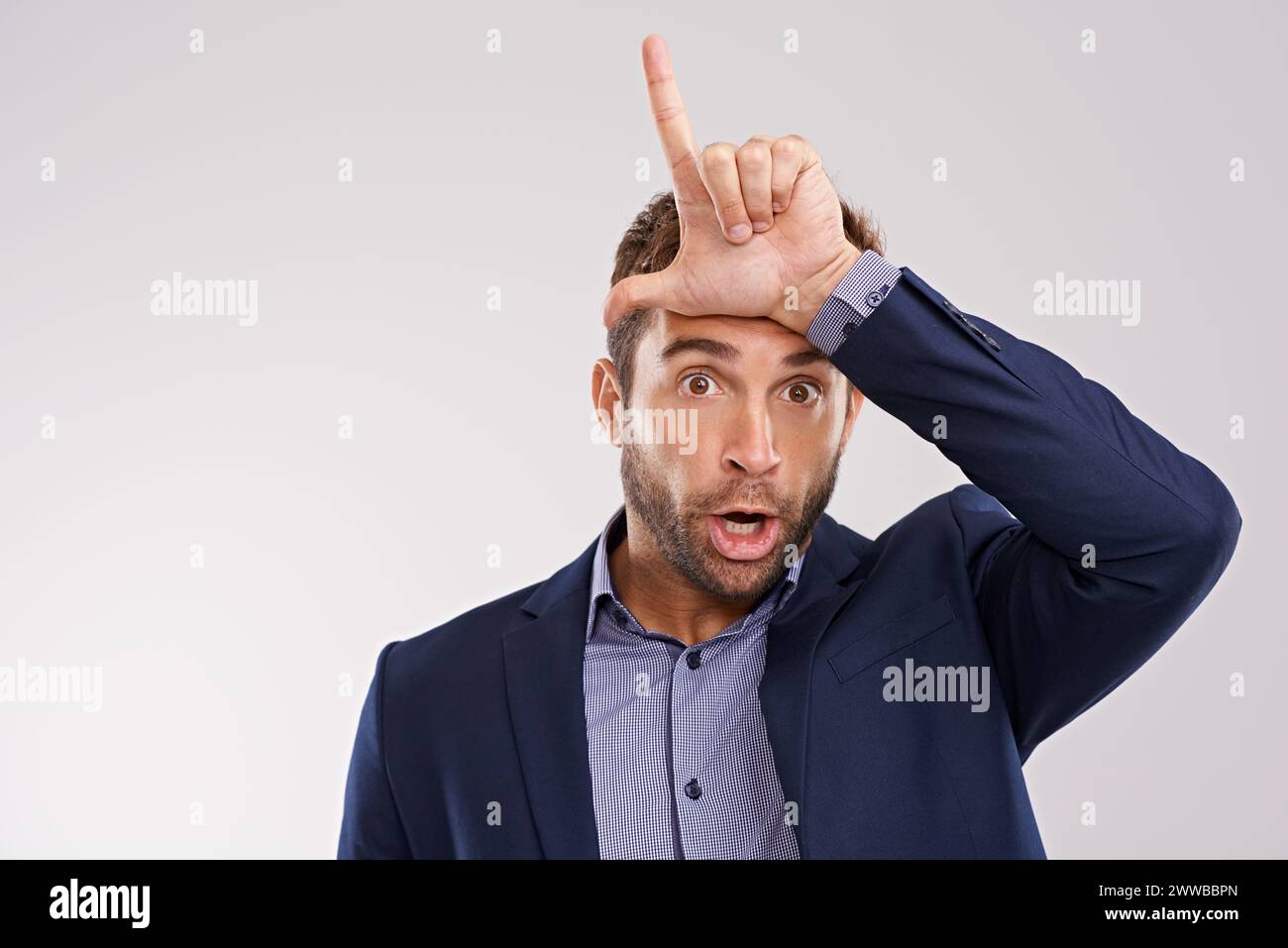 Portrait, business and man with loser gesture, fail and facial ...