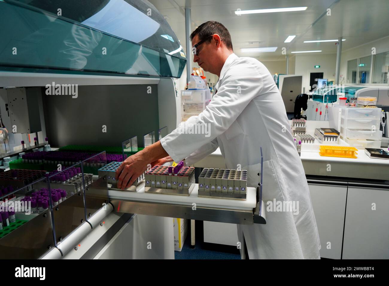 Technical platform of the Inovie 34 laboratory . Hematology tube sorter. NFS, blood count, VS ...